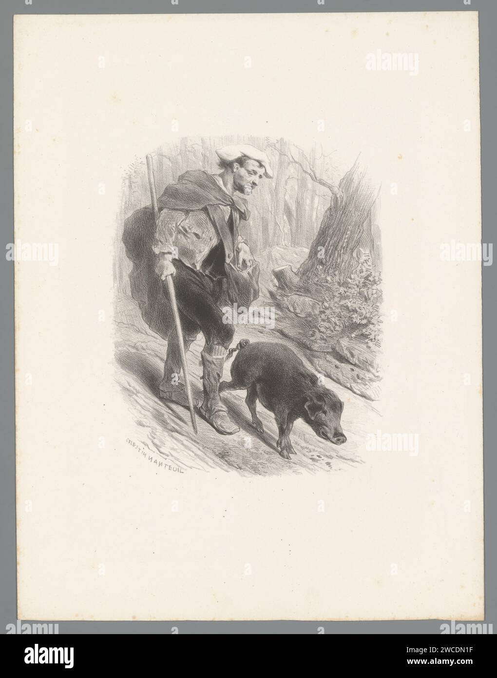 Man with pig walking through the forest, Célestin François Nanteuil ...