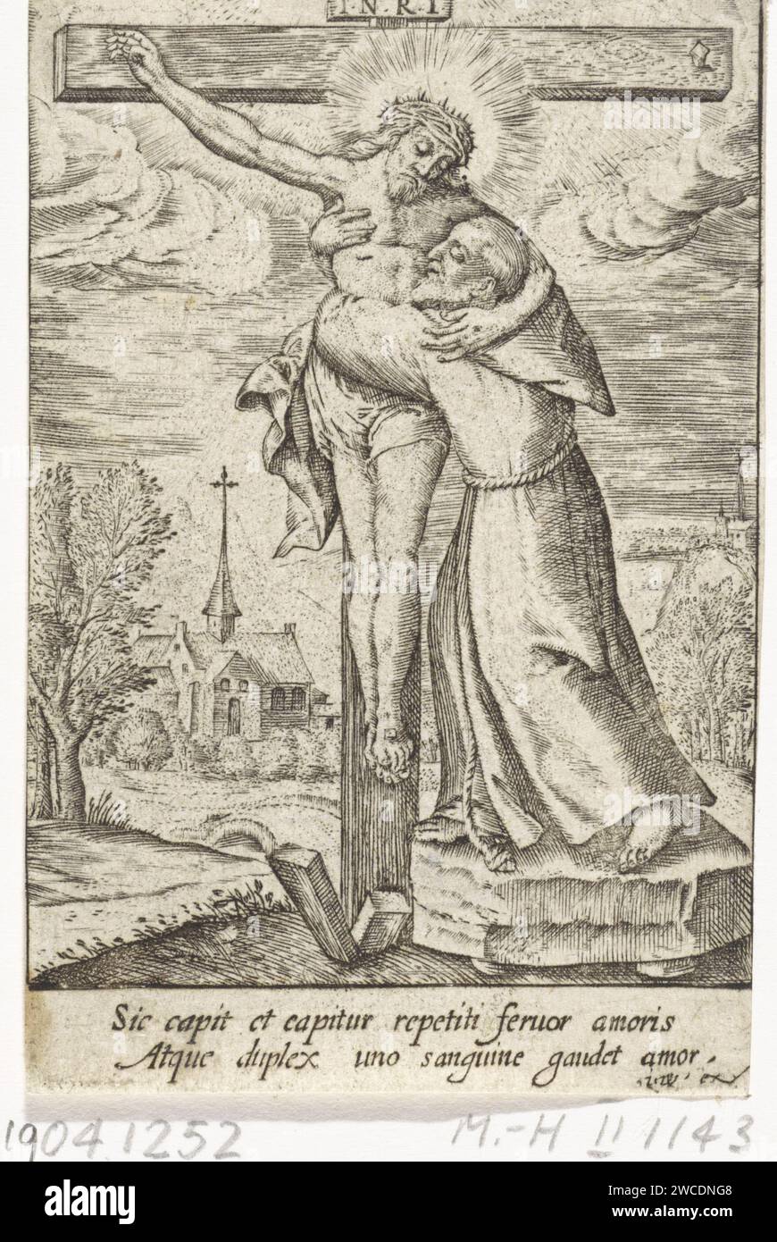 H. Franciscus van Assisi embraces Christ on the cross, Johannes Wierix ...