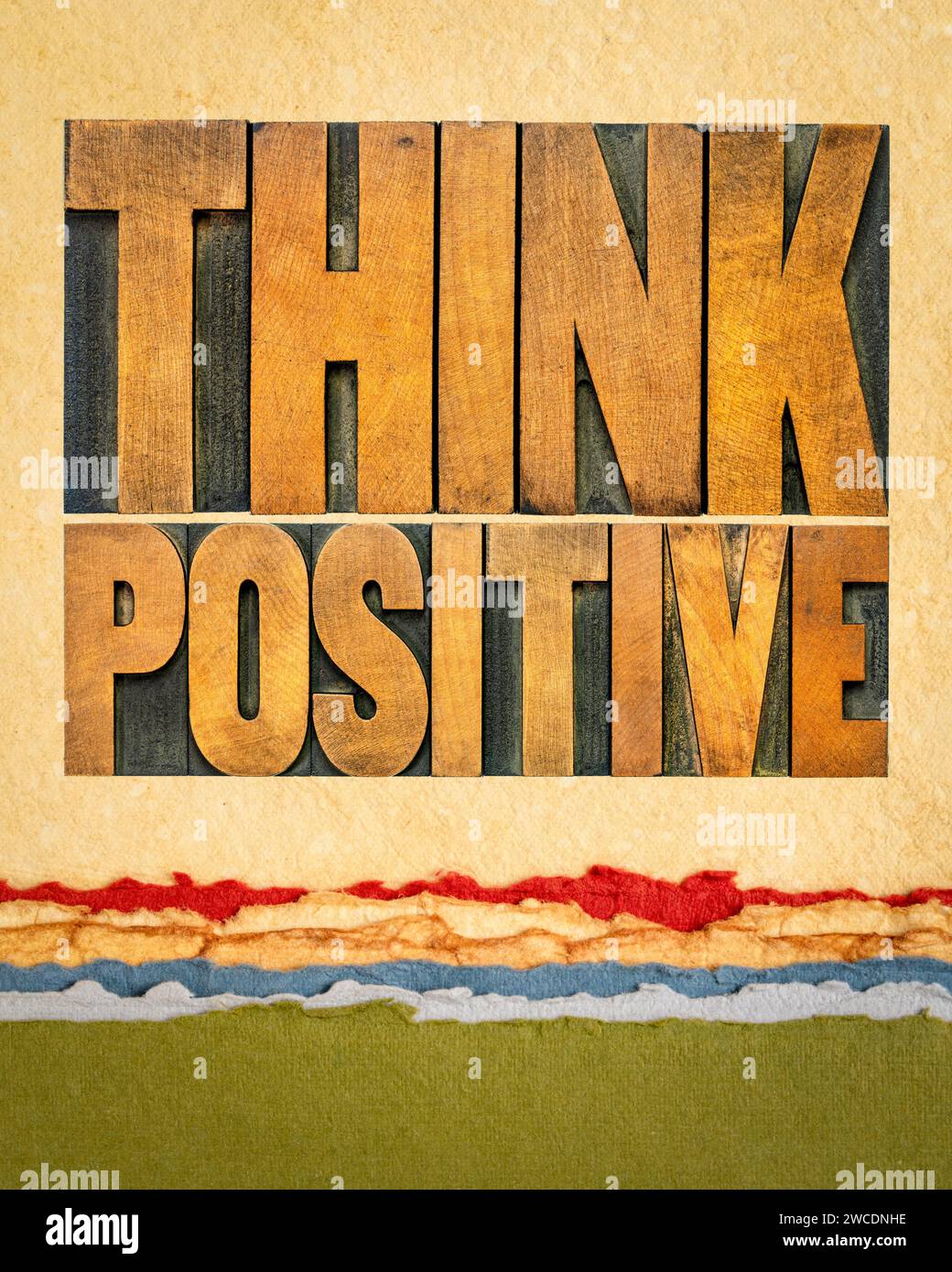 Think positive - word abstract in vintage letterpress wood type blocks ...