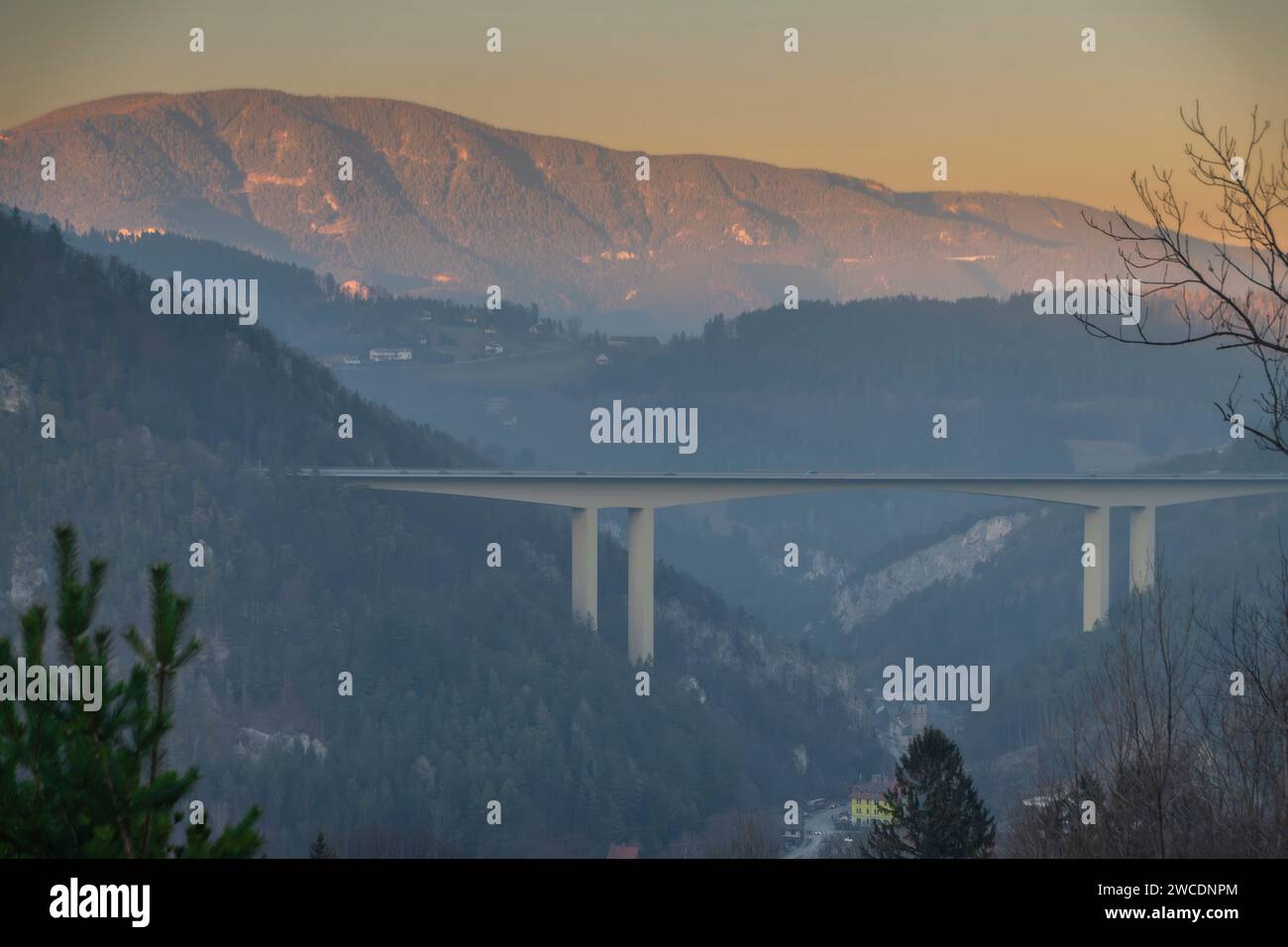 View for evening light sky and valley near Schottwien in Austria Stock ...