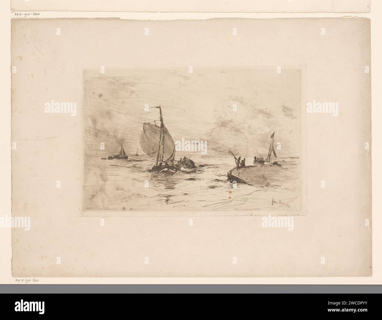 Seascape with boats and a quay, Frans Hens, 1884 print paper etching ...