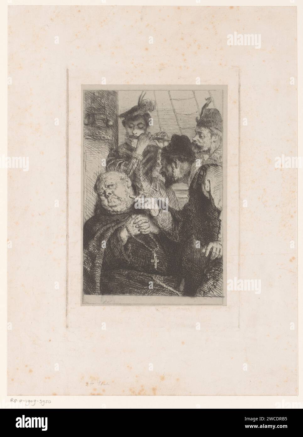 Three men stand on a ship around a monk with rosary in his hands ...