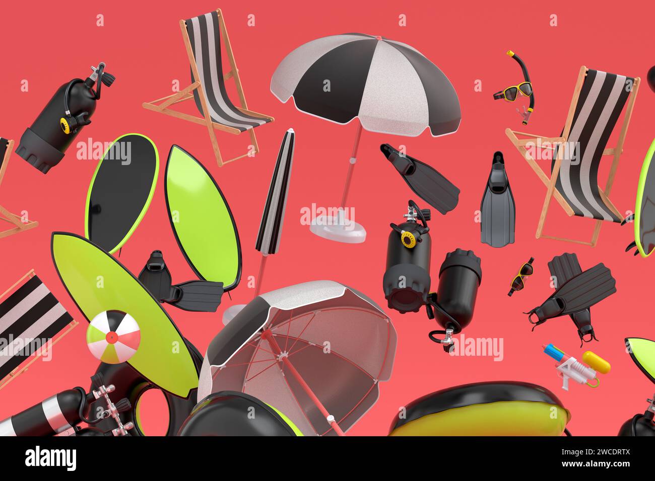 Many of flying suitcase or baggage with beach accessories on red ...