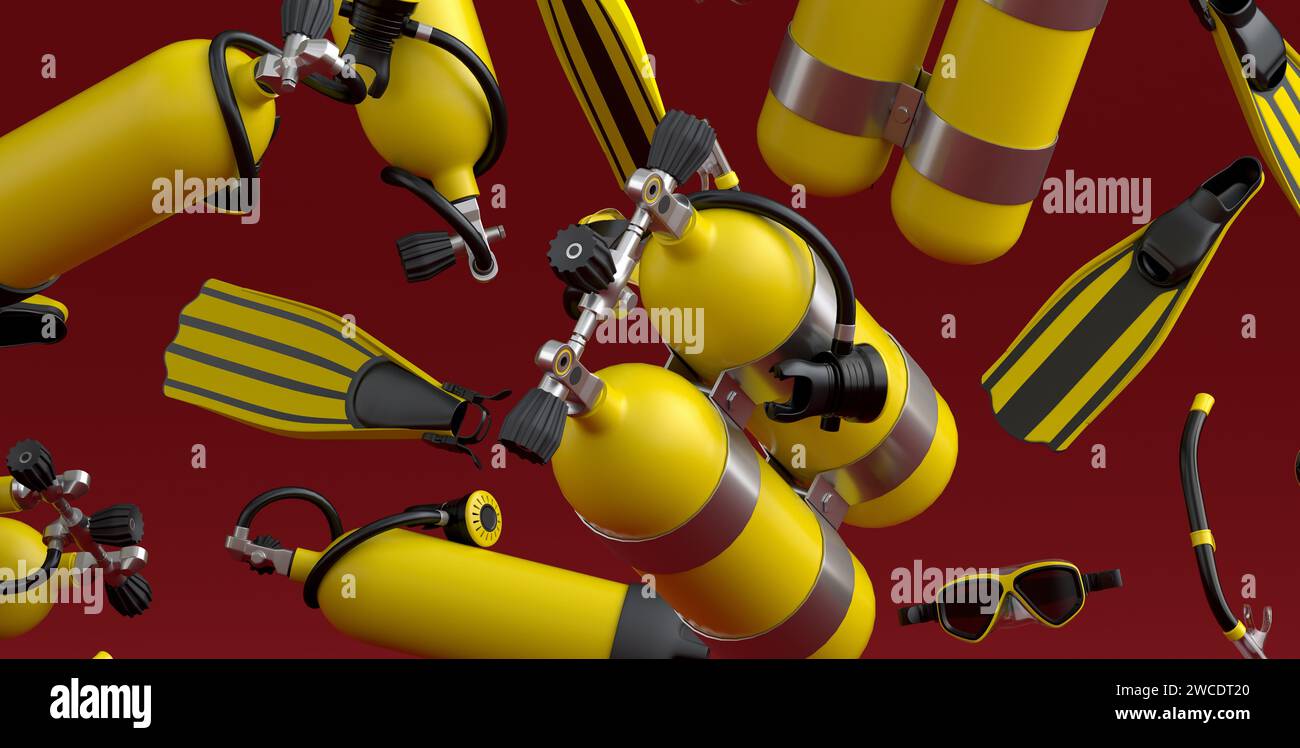 Many of flying scuba stuff like oxygen tank, flip flops and scuba mask ...