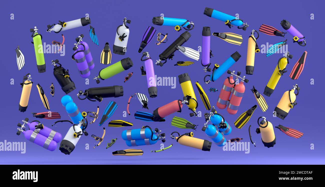 Many of flying scuba stuff like oxygen tank, flip flops and scuba mask ...