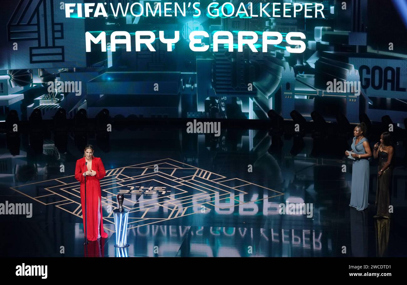 Mary Earps on stage after receiving the award for The Best Women's ...