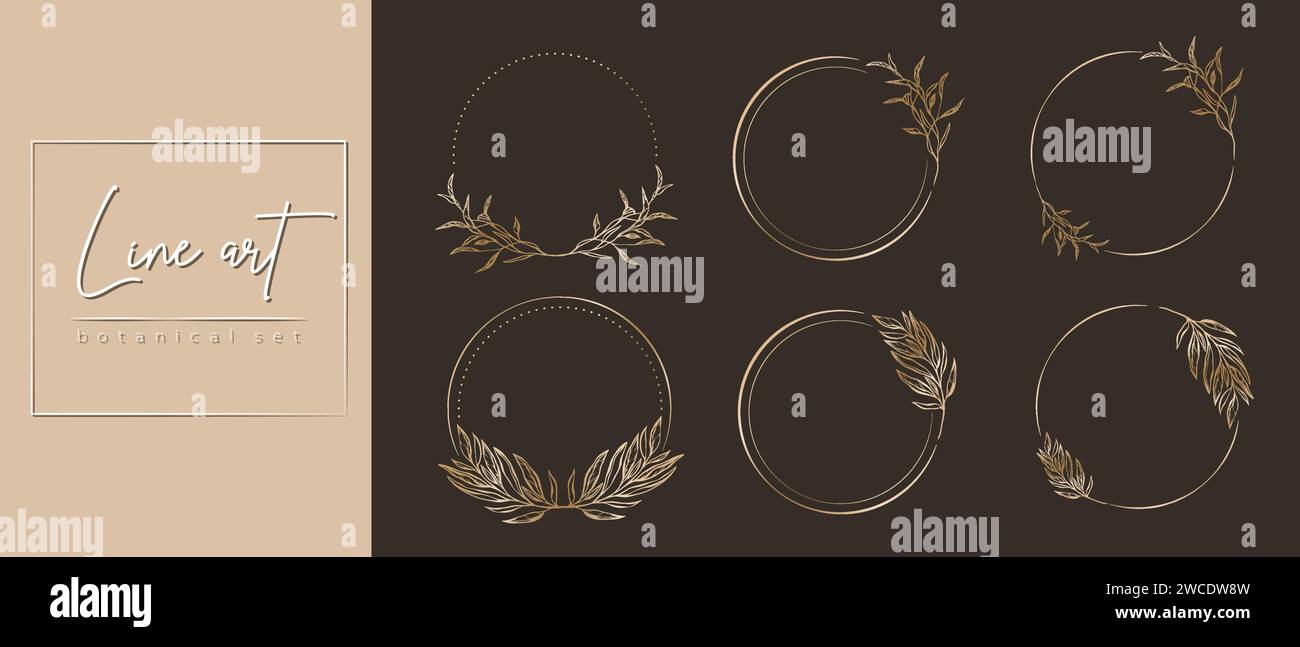 Botanical golden circle frame set. Hand drawn round line border, leaves ...