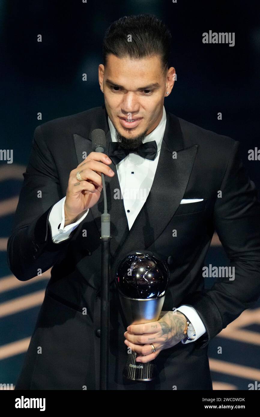Manchester City's and Brazil's goalkeeper Ederson accepts the Best Men ...