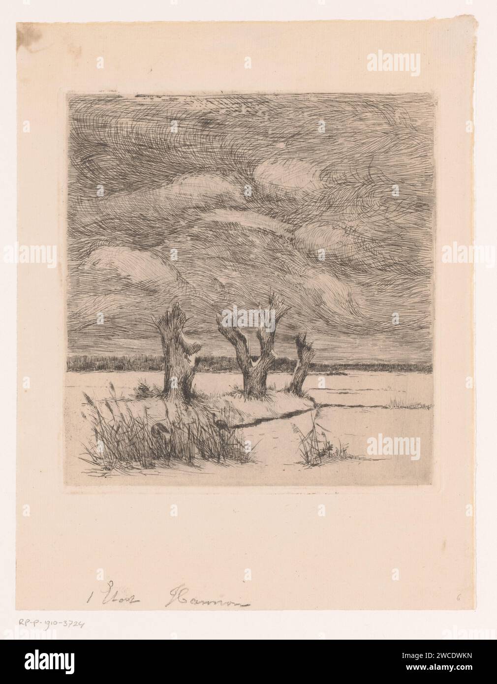 Landscape with pollard willows and two birds in the Riet, Theodoor ...