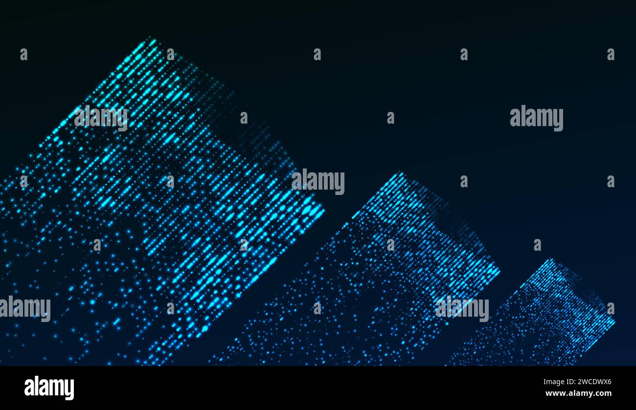 3D big data cubes made of glowing particles. Isometric bright box with ...