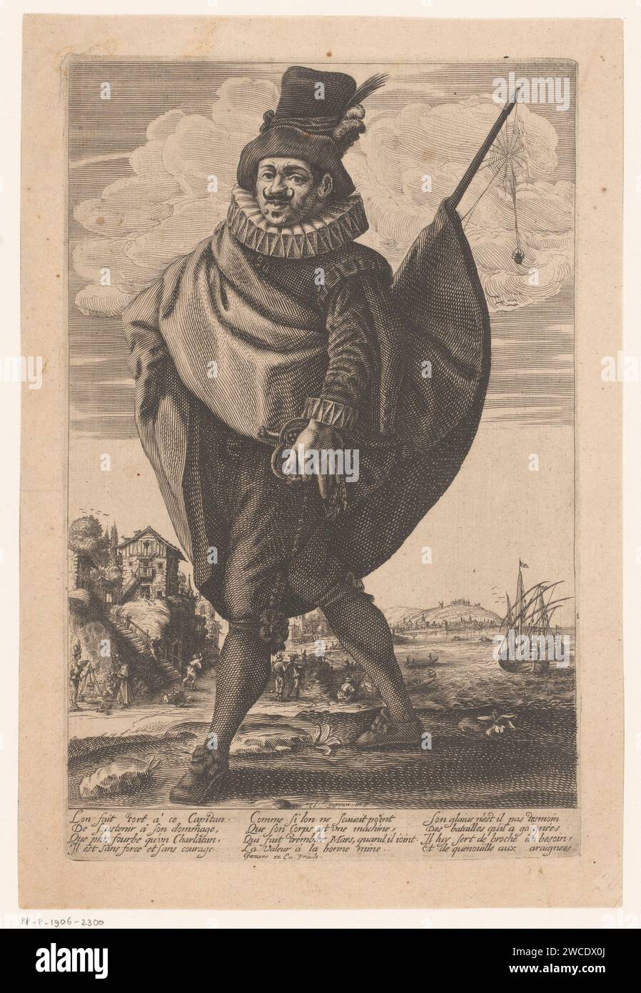 Caricature of a Spanish captain on whose sword a spider web hangs ...