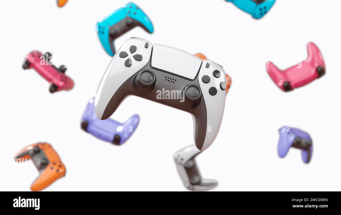 Realistic black video game joysticks or gamepads rotating and falling ...