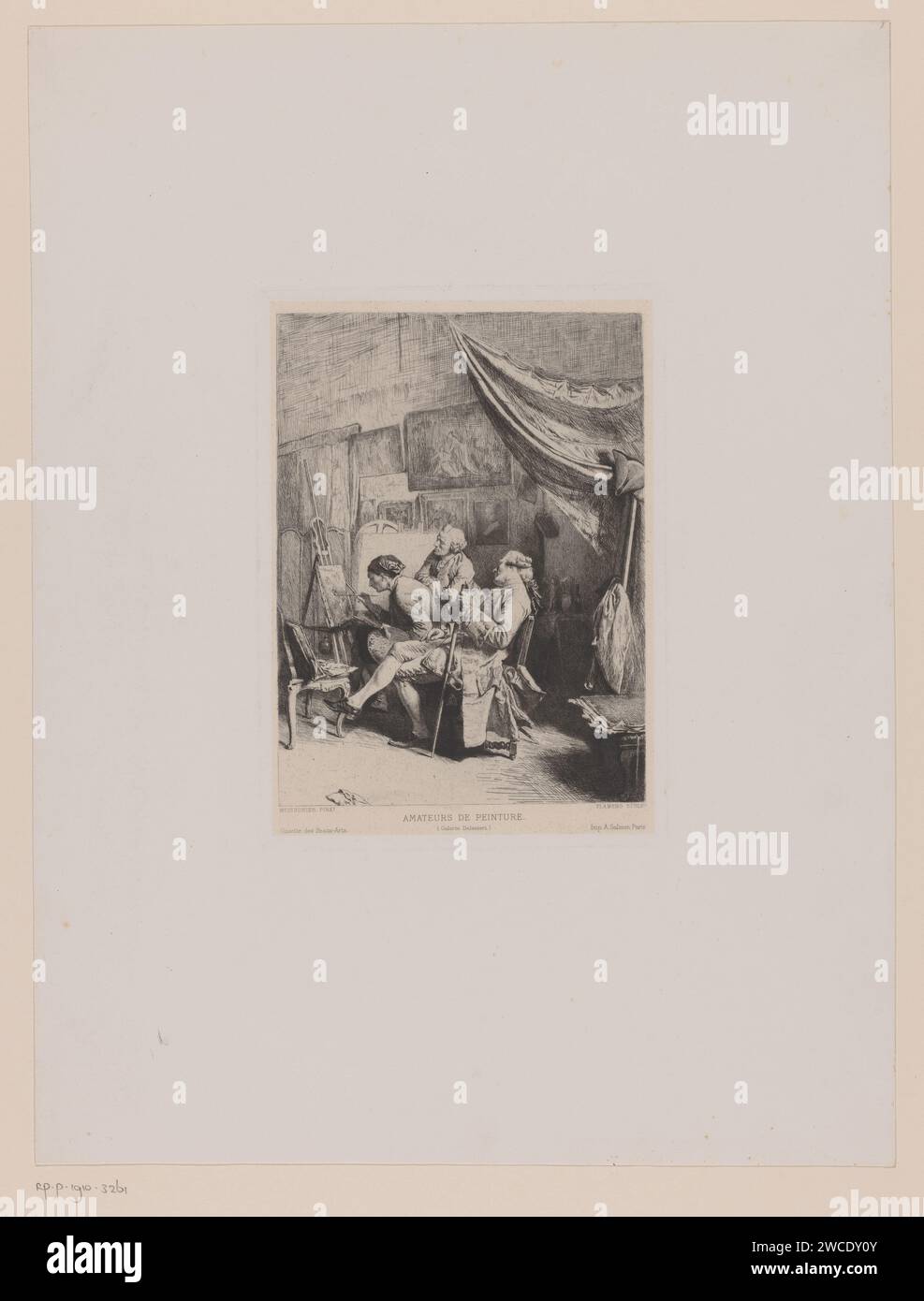 Two art collectors at a donkey where a painter works, Léopold Flameng ...
