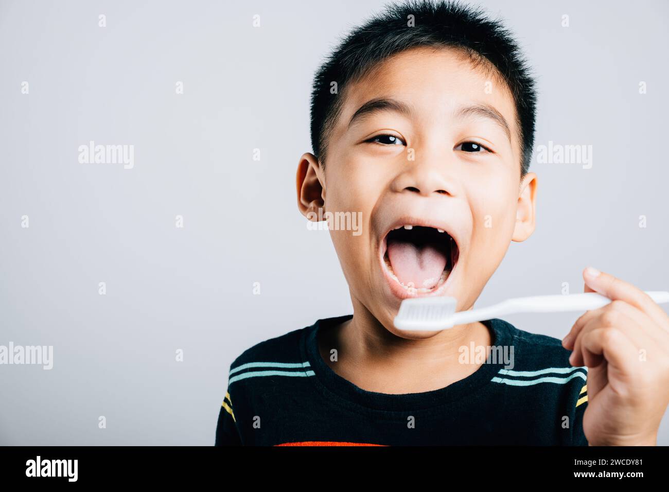 Isolated on a white background a cute Asian kid smiles holding a ...