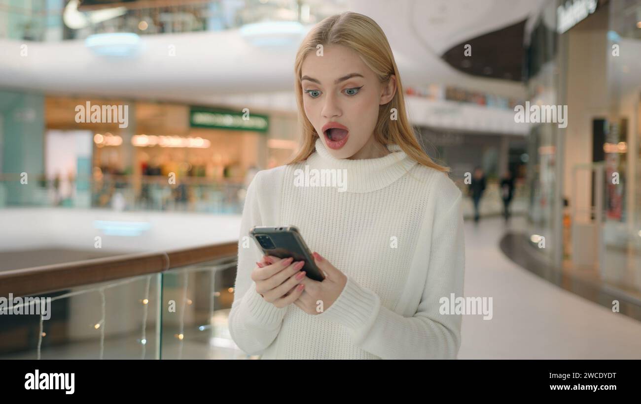 Shocked surprised Caucasian woman lady client customer gen z user read ...