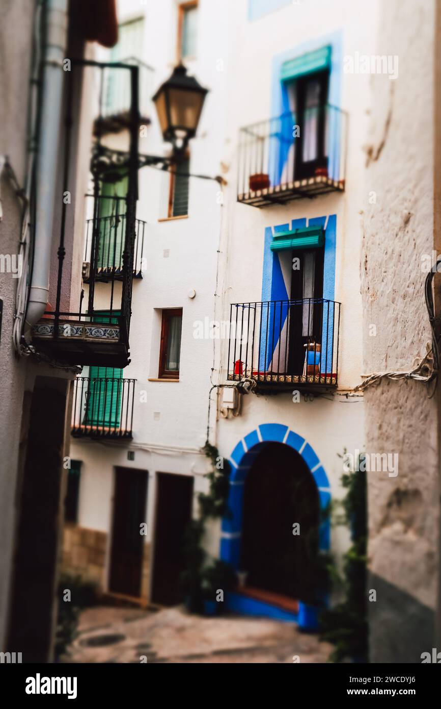 Medieval building, stone white house with blue door. Ancient ...