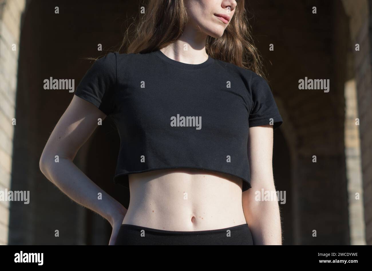 A White woman modelling a crop top Stock Photo - Alamy
