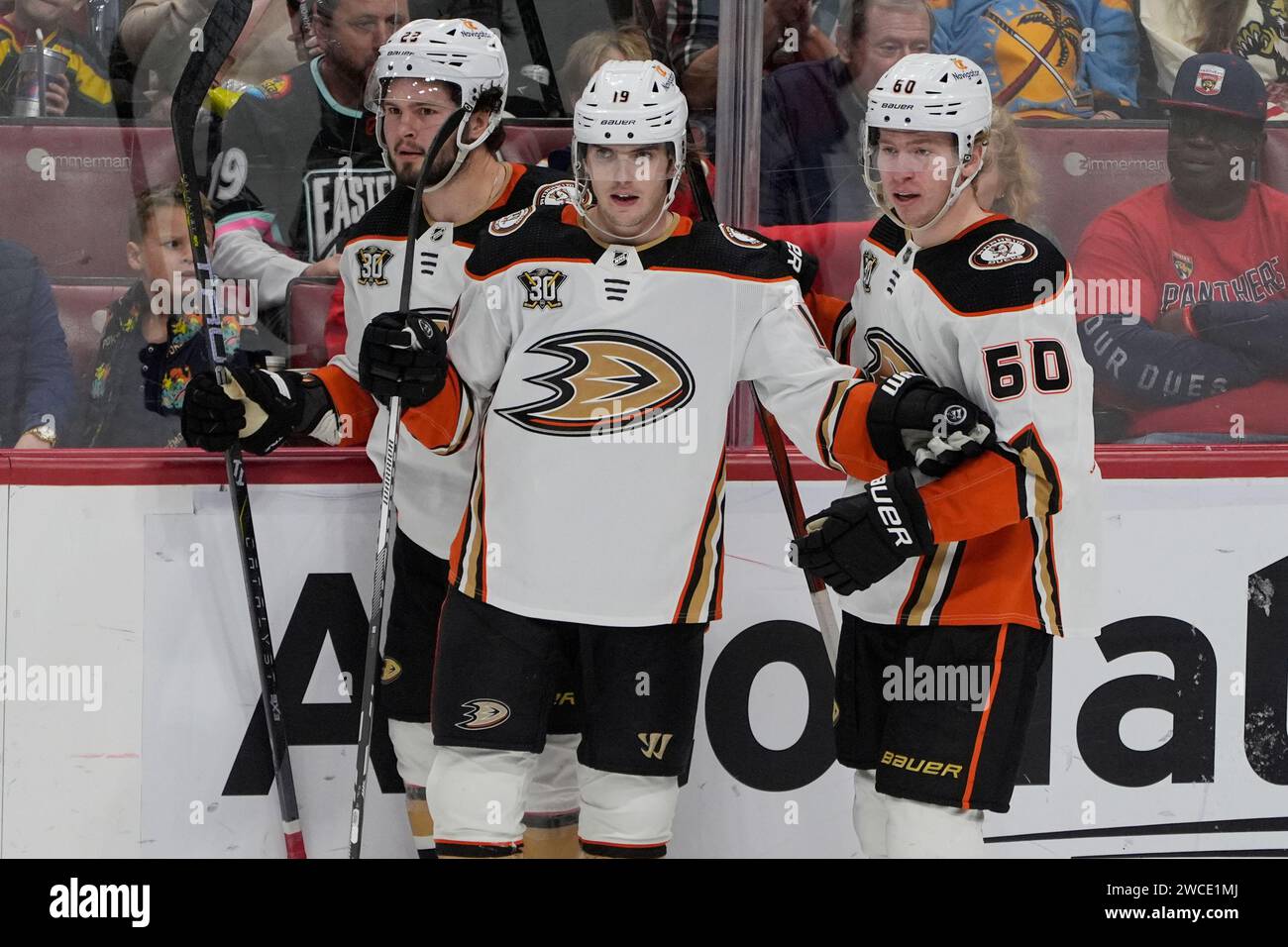 Anaheim Ducks right wing Troy Terry (19) celebrates with his teammates ...