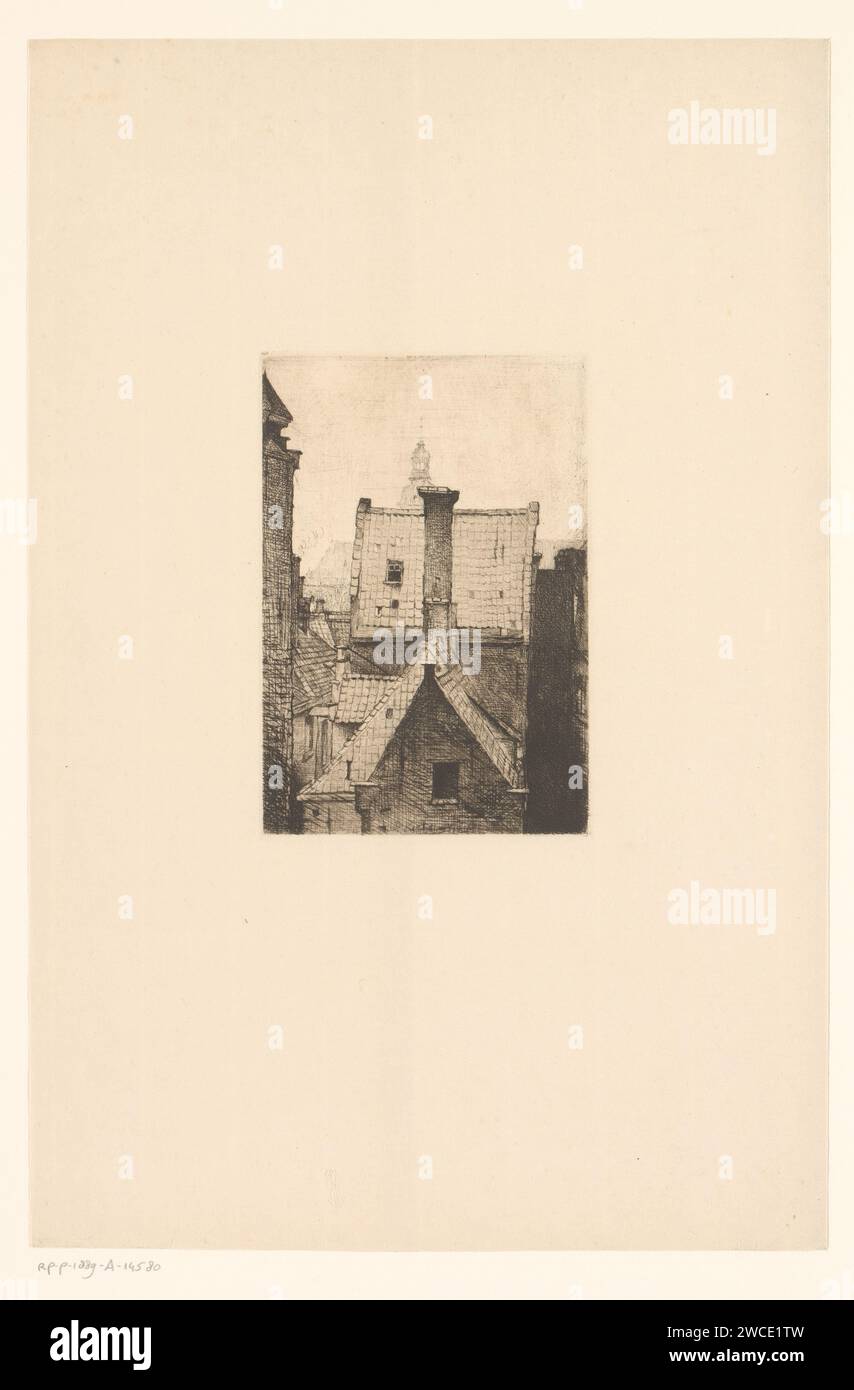 View of roofs with a chimney, in the background a church, Piet Verhaert ...