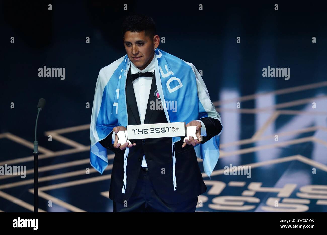 Hugo Daniel Iniguez on stage after receiving the FIFA Fan Award ...