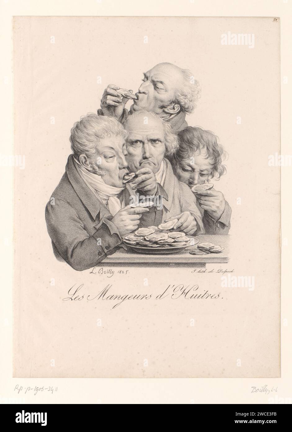 Caricature of four men eating oysters, Louis-Léopold Boilly, 1825 print ...