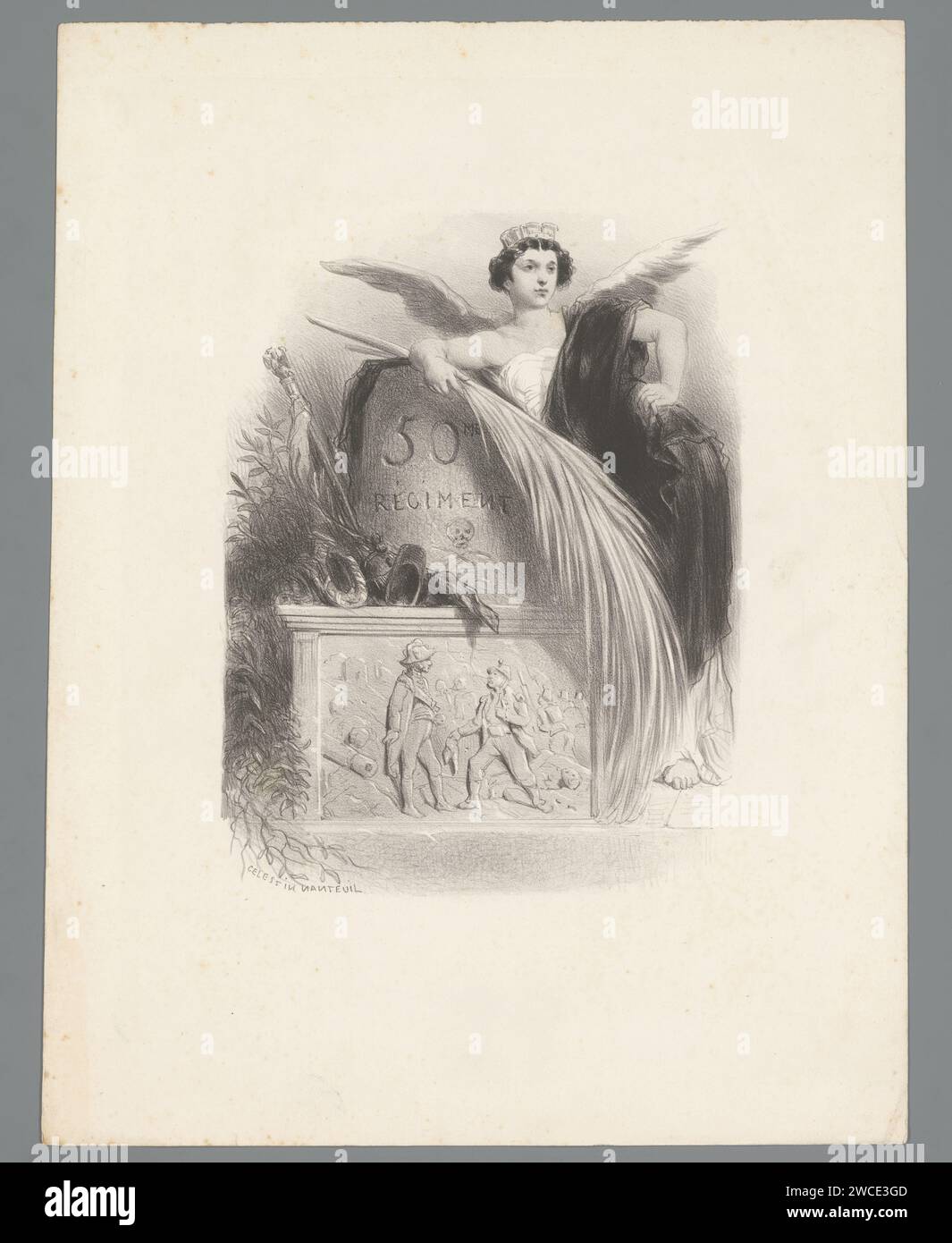 Engel with city crown and palm branch standing next to a monument for ...