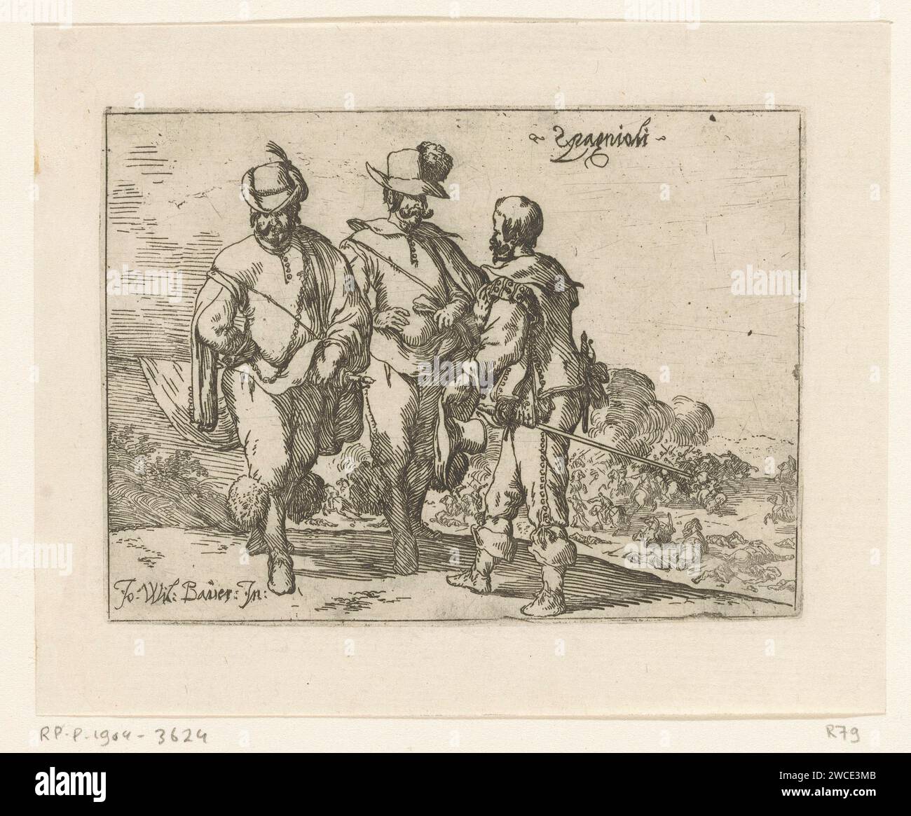 Three Spaniards, a battle in the background, Johann Wilhelm Baur, 1636 ...