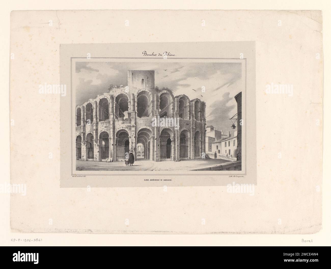 View of the Roman amphitheater in Arles, Borel et Grué, c. 1832 - c ...