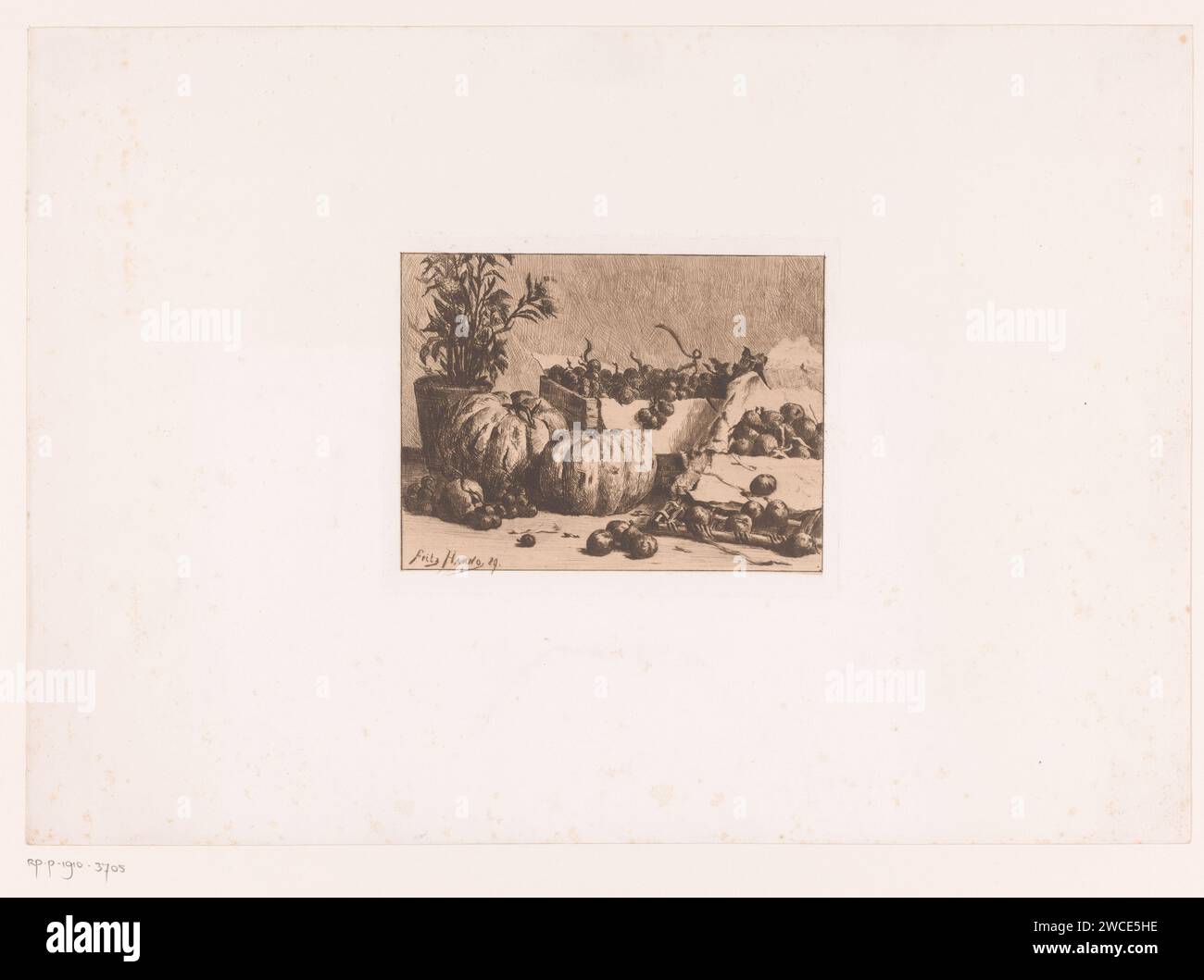 Stilleven, Fritz Hanno, 1889 print paper. etching vegetables and fruit ...