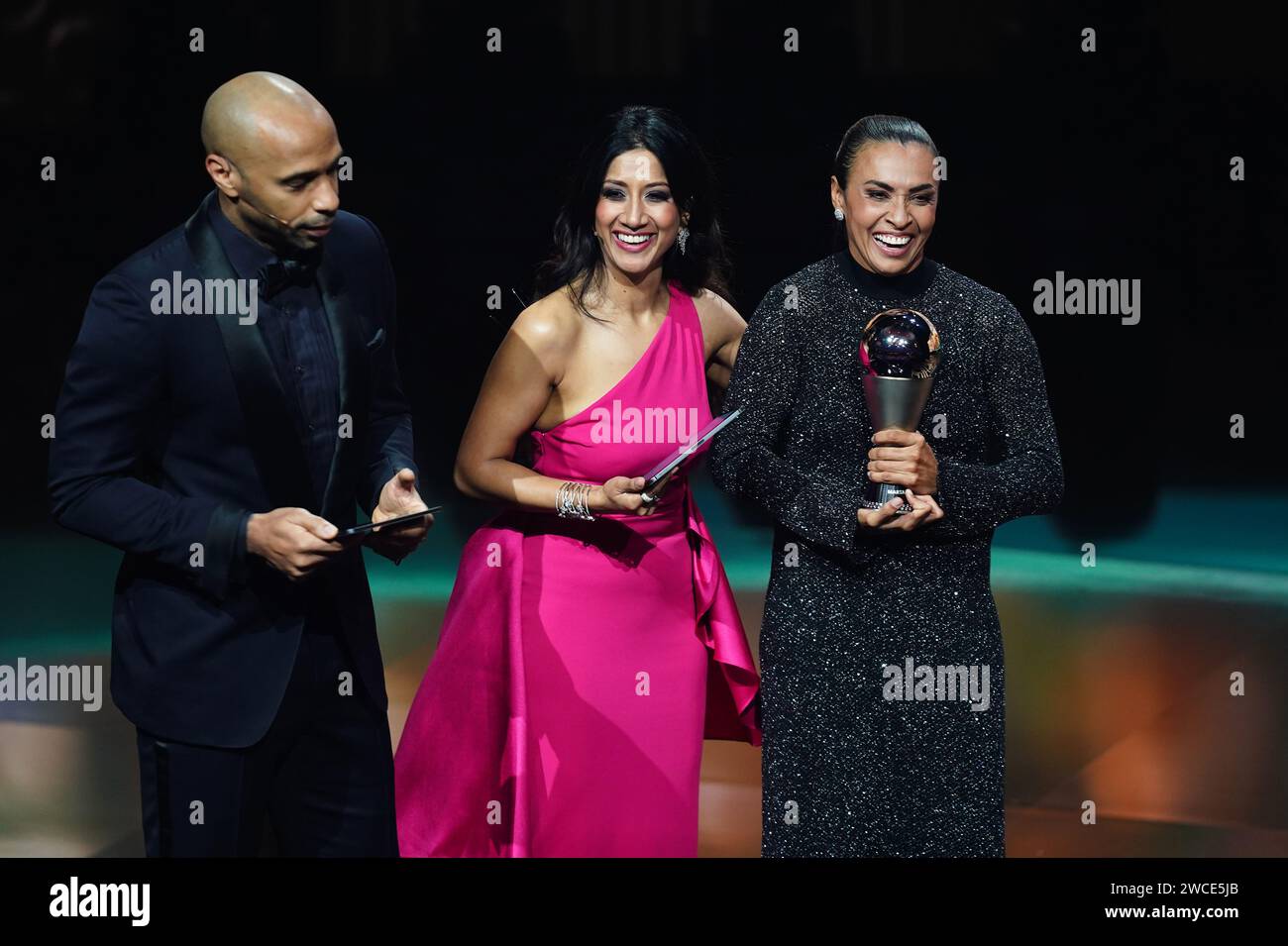 Former Brazilian player Marta on stage after receiving a special award ...