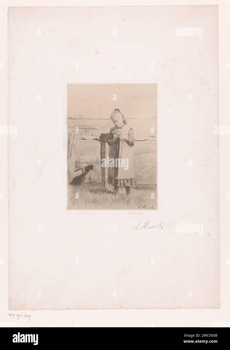 Knitting girl in the meadow, Léopold Haeck, 1878 - 1910 print paper ...