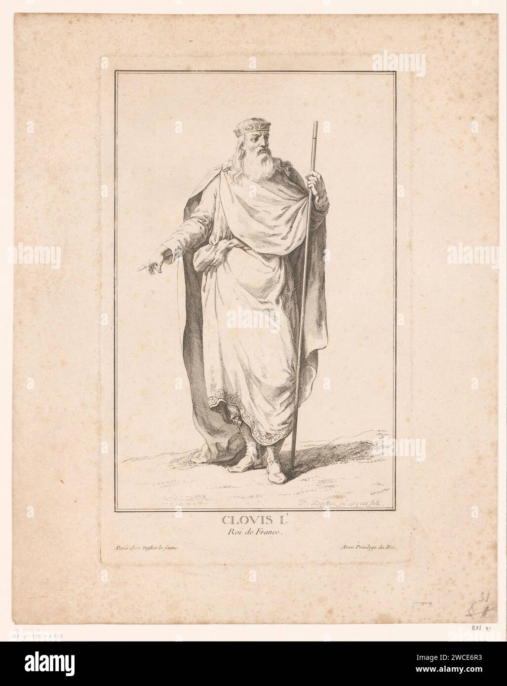 Portrait of Clovis I of France, Pierre Duflos, 1752 - 1816 print Paris paper etching historical ...