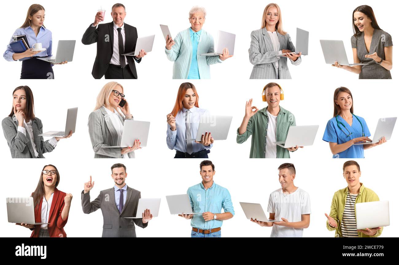 Collection of people with modern laptops on white background Stock ...