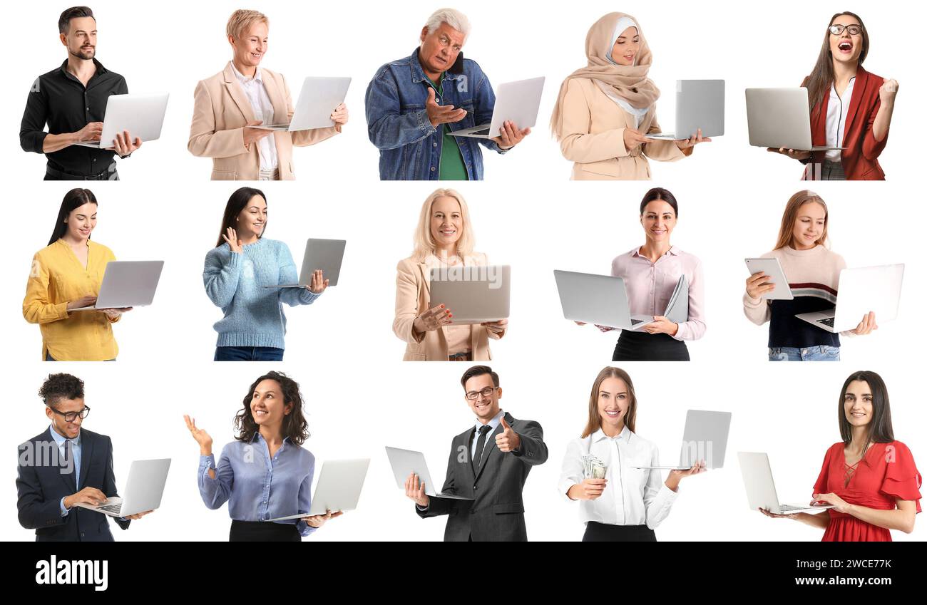 Group of people with modern laptops on white background Stock Photo - Alamy