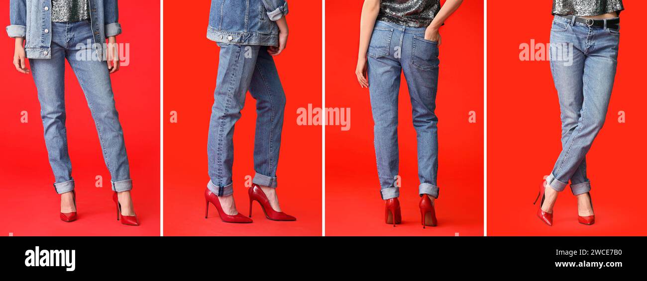 Collage of young woman in stylish jeans clothes and high-heels on red ...
