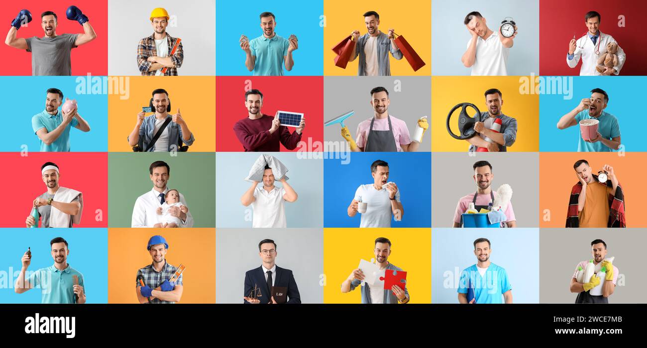 Collage of handsome young man on color background Stock Photo - Alamy