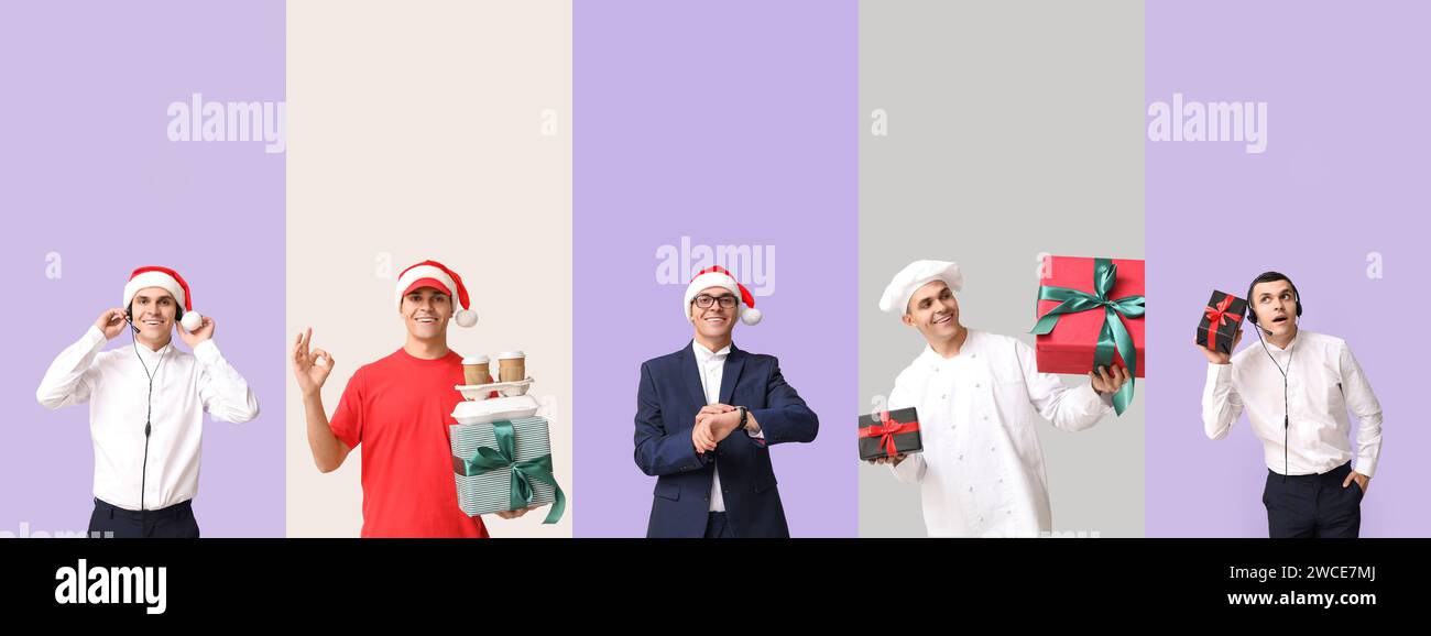 Collage of young man in uniforms of different professions on lilac and ...