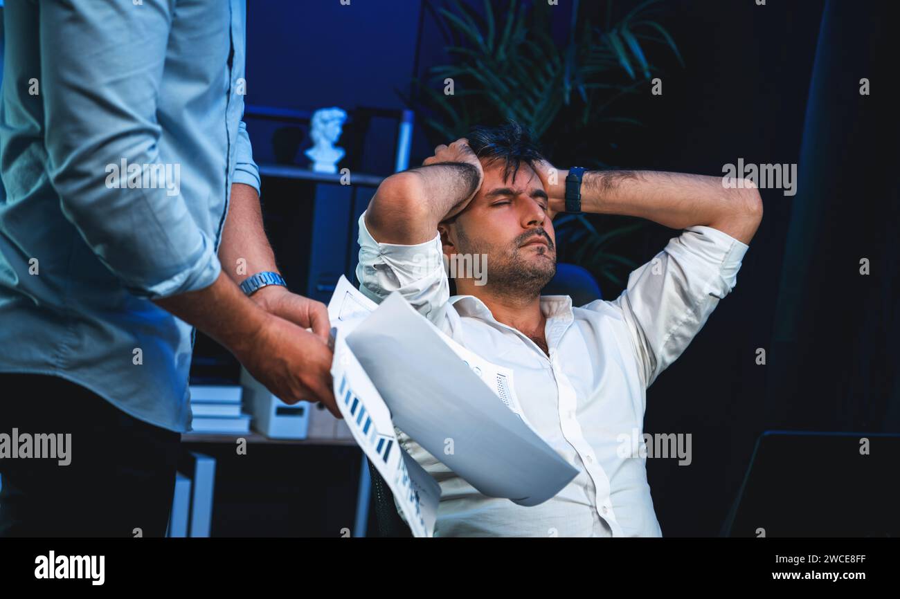 Unhappy colleagues with headache from paperwork overwork's deadline ...