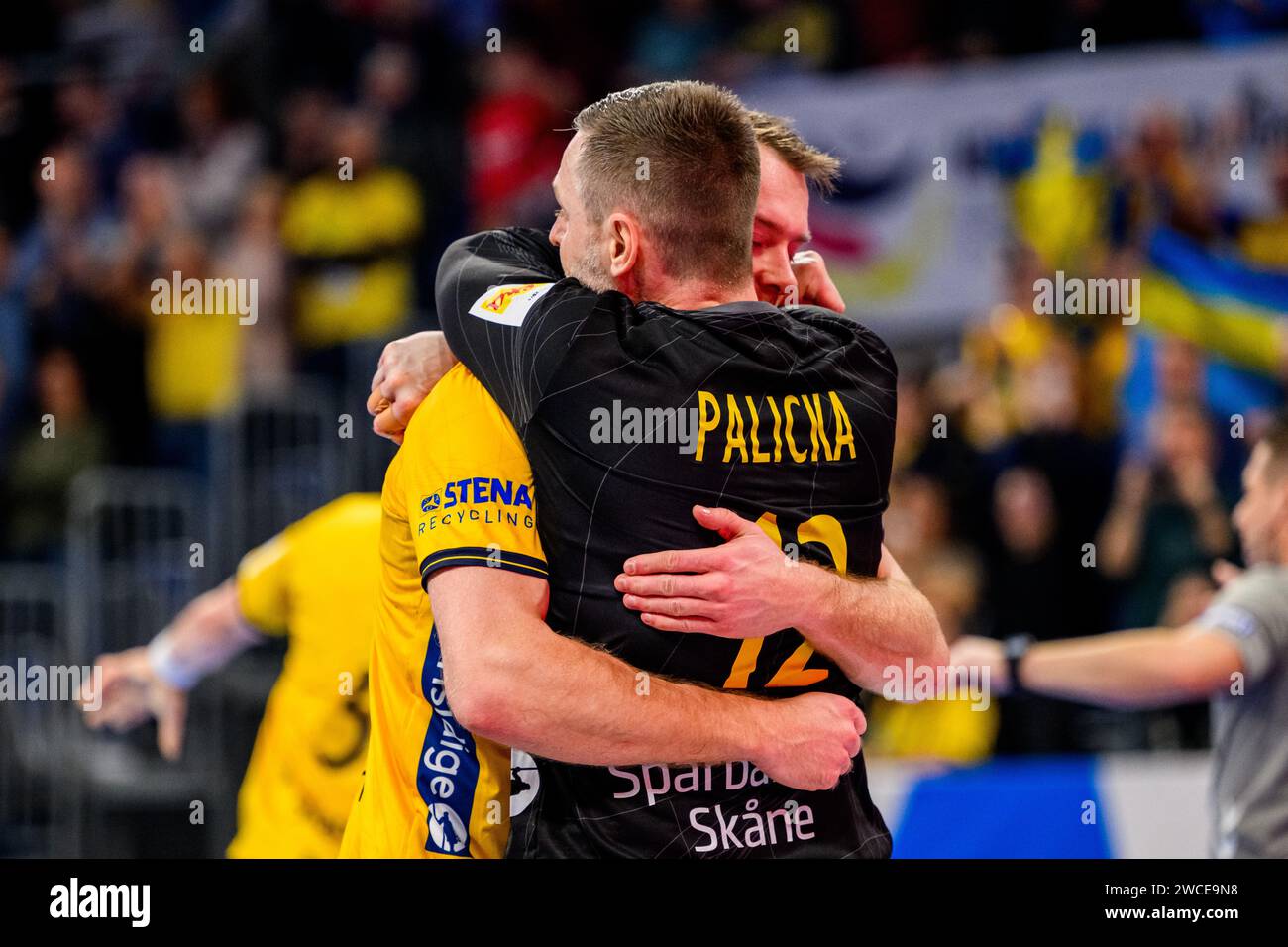 Felix Claar and goalkeeper Andreas Palicka of, Sweden. , . celebrate after the EHF European ...
