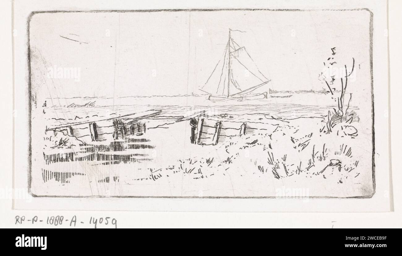 Sailing ship on a river, Elias Stark, 1859 - 1888 print Sailing ship on ...
