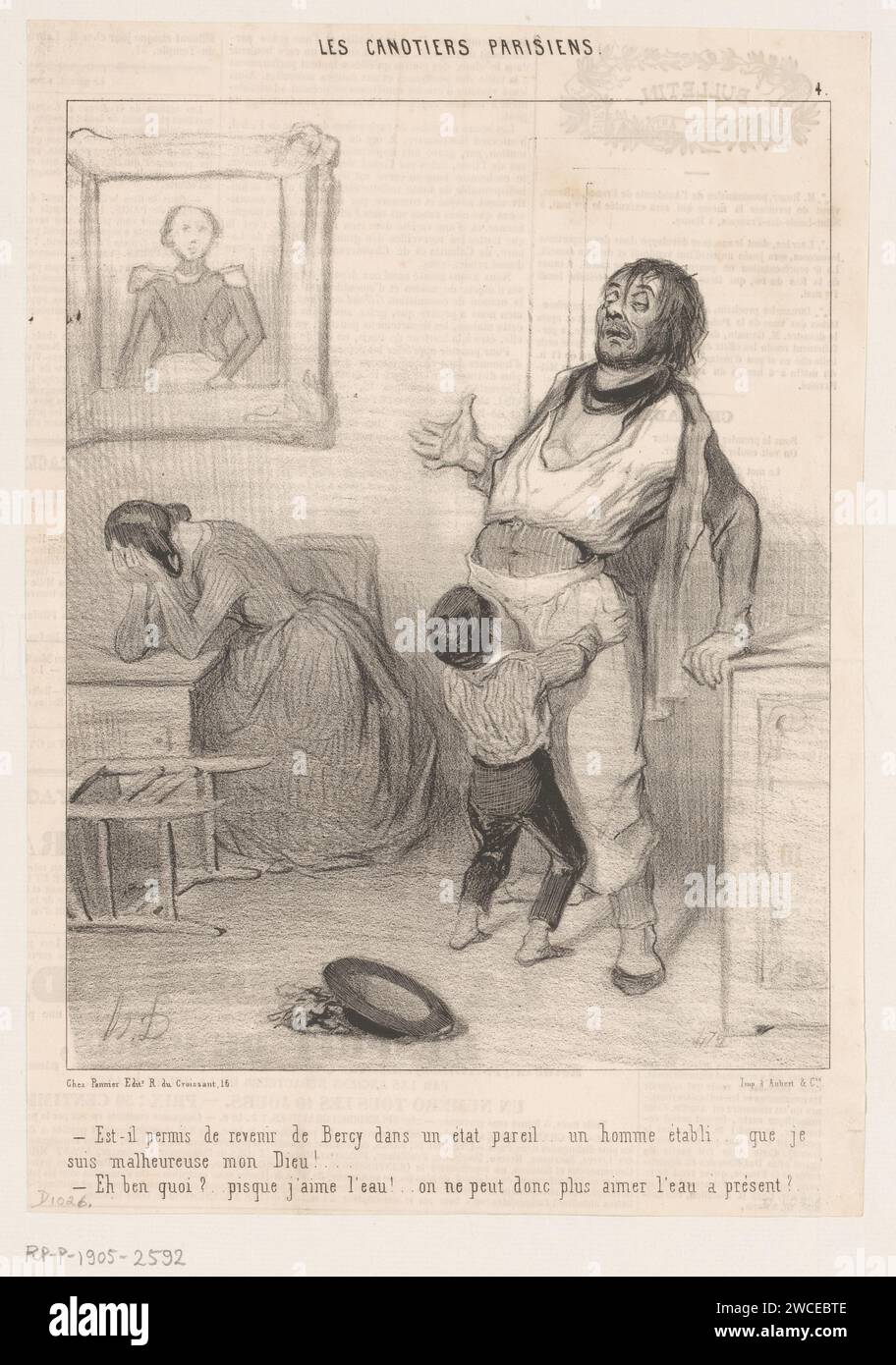 Drunken Man comes home to his family, Honoré Daumier, 1843 Paris paper ...