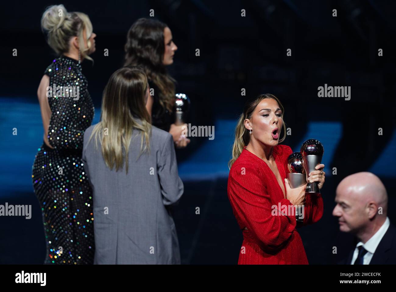 Mary Earps (right) on stage with her trophy at the end of the show ...