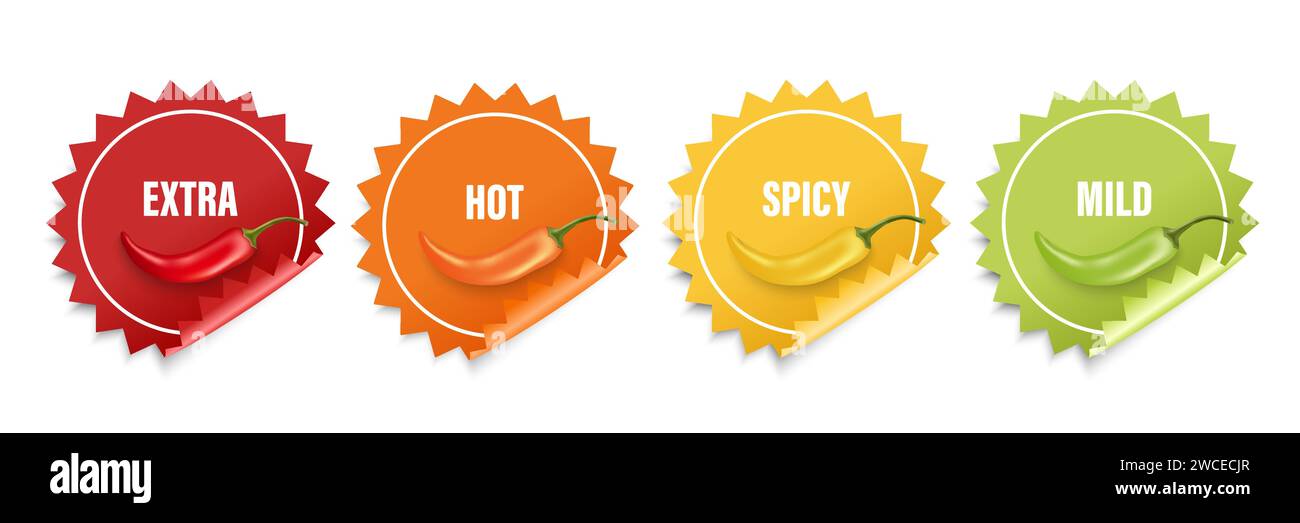 Realistic Vector Round Stickers with Spicy Chili Pepper Levels. Red ...