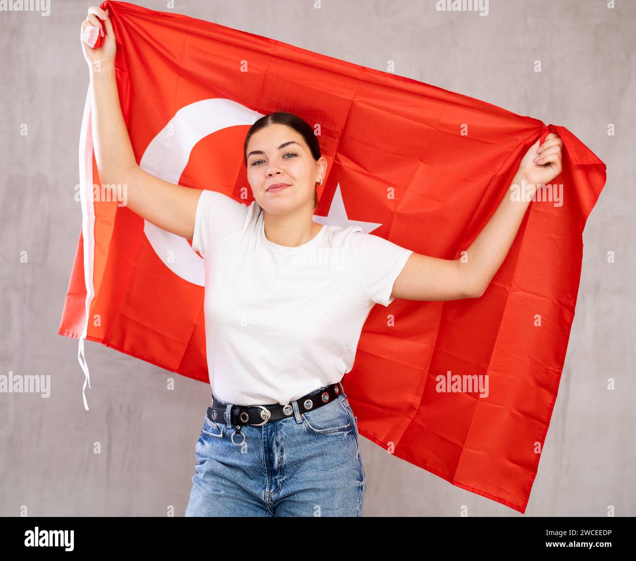 Positive girl with Turkey flag rooting for your favorite team Stock ...
