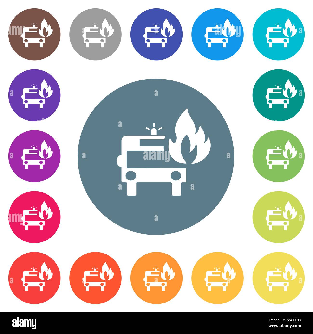 Fire engine with flame flat white icons on round color backgrounds. 17 ...