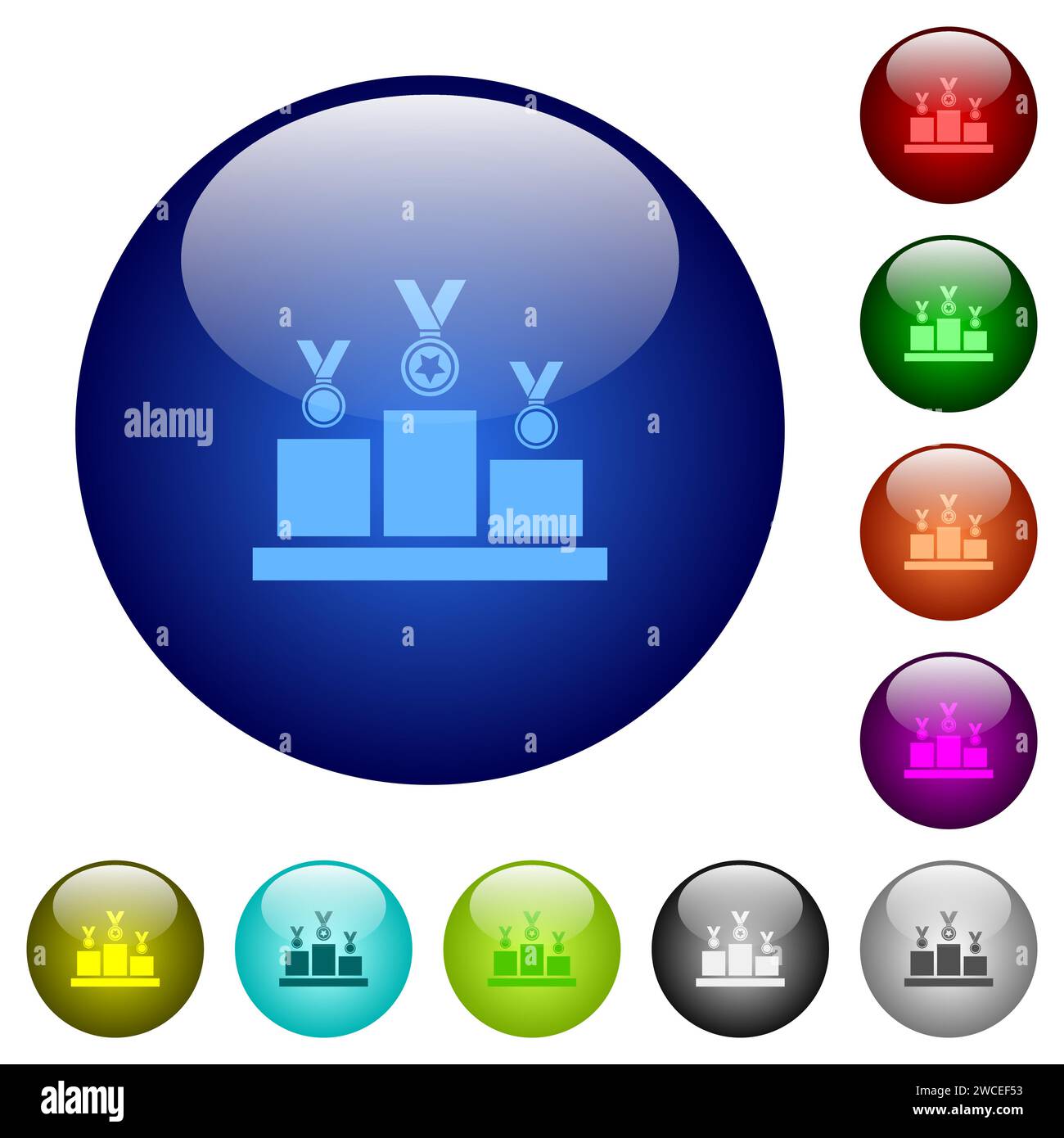 Winner podium with awards icons on round glass buttons in multiple colors. Arranged layer ...