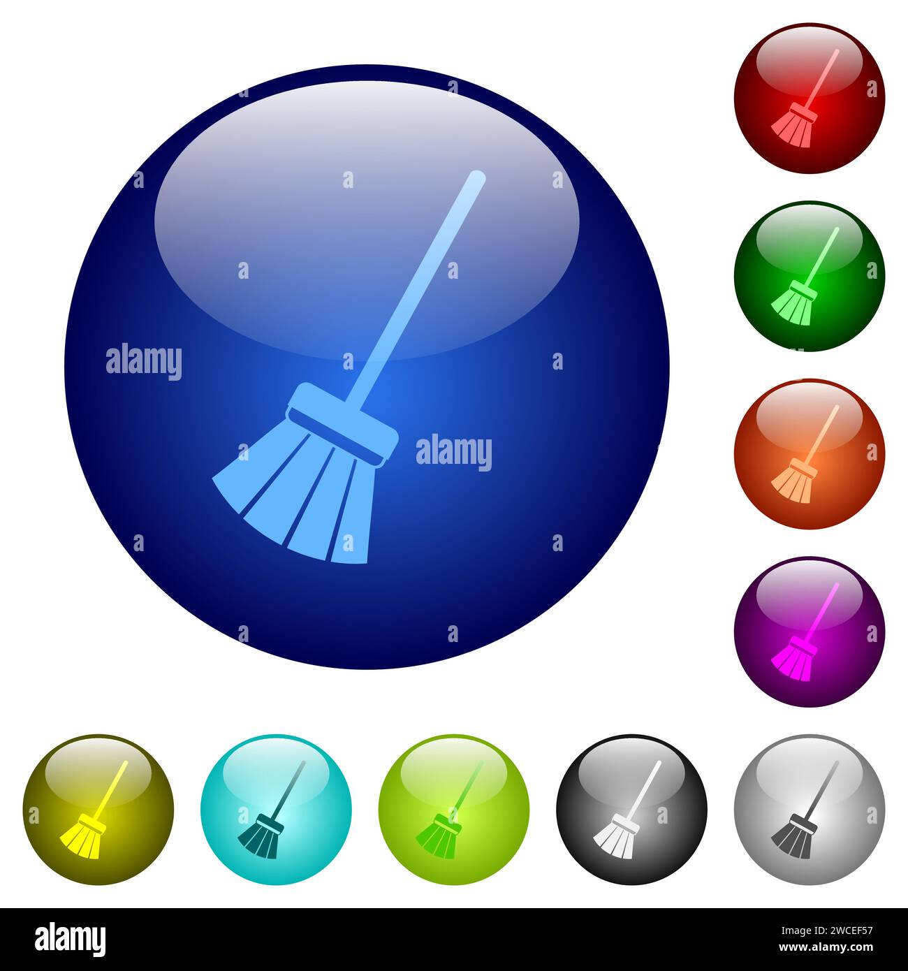 Old broom icons on round glass buttons in multiple colors. Arranged ...