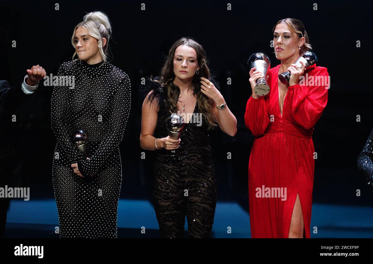 Left to right, Alessa Russo, Ella Toone and Mary Earps on stage with ...