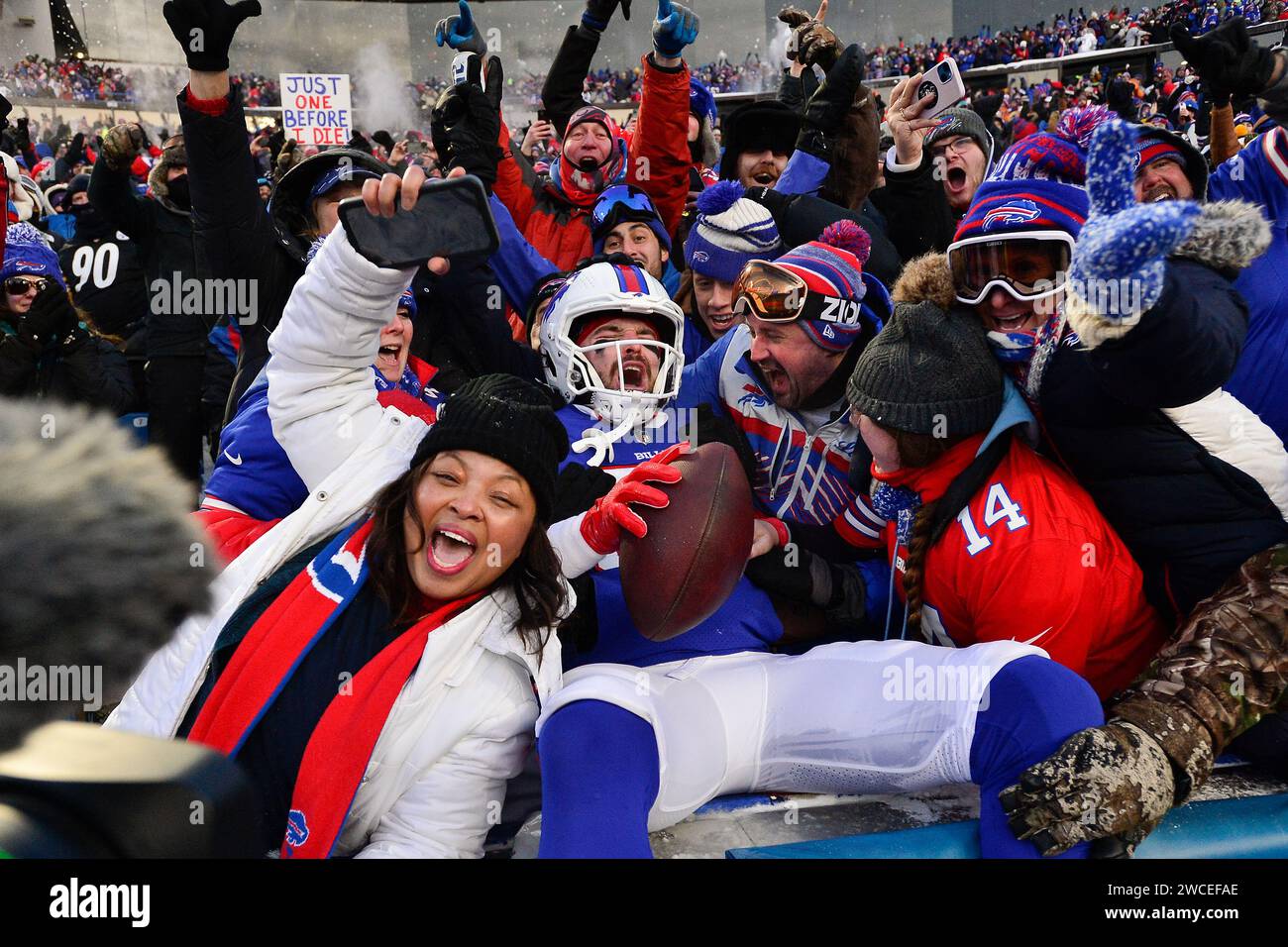 Buffalo Bills tight end Dawson Knox (88) celebrates with fans after ...