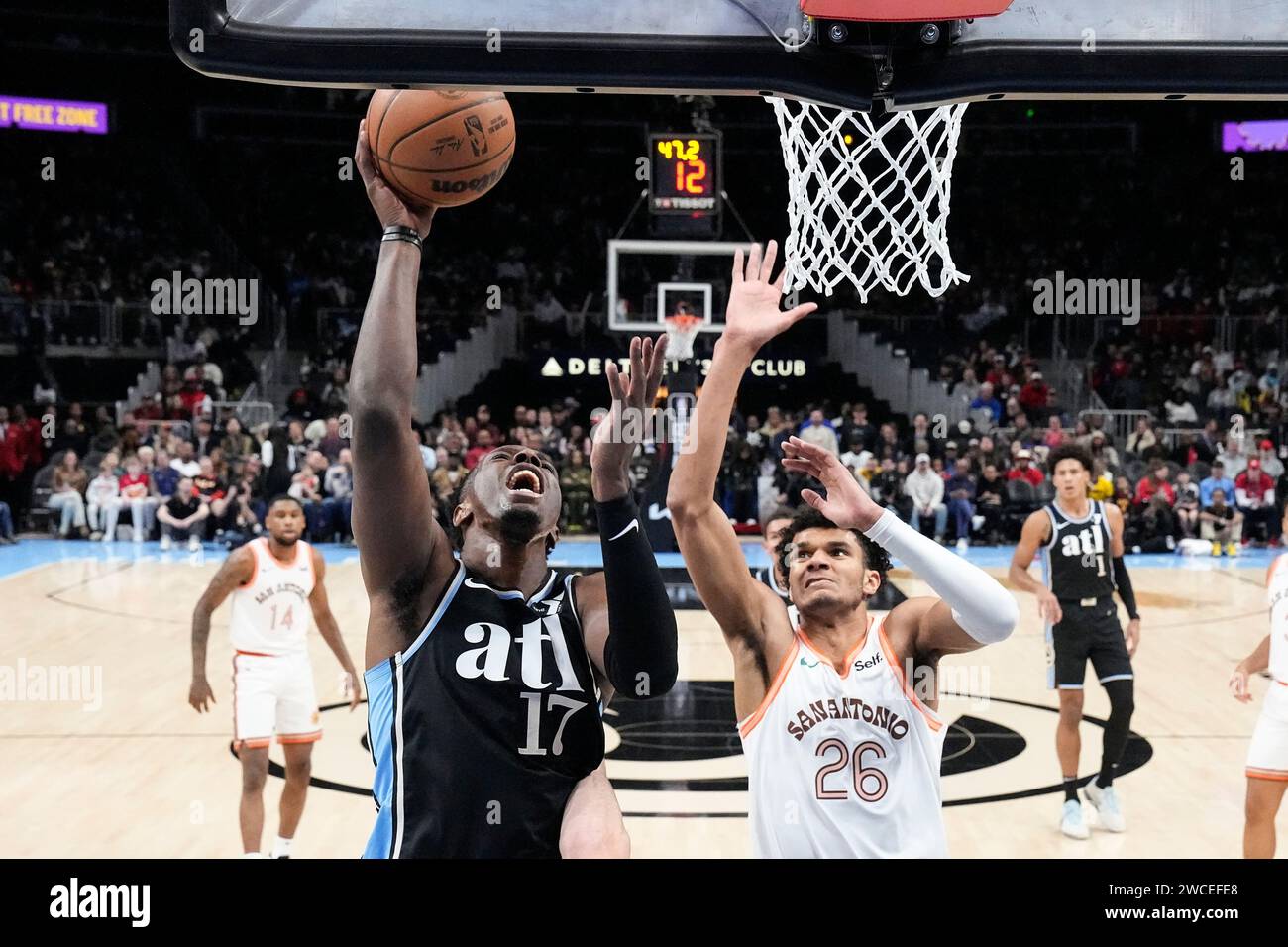 Atlanta Hawks forward Onyeka Okongwu (17) goes up for a shot as San ...